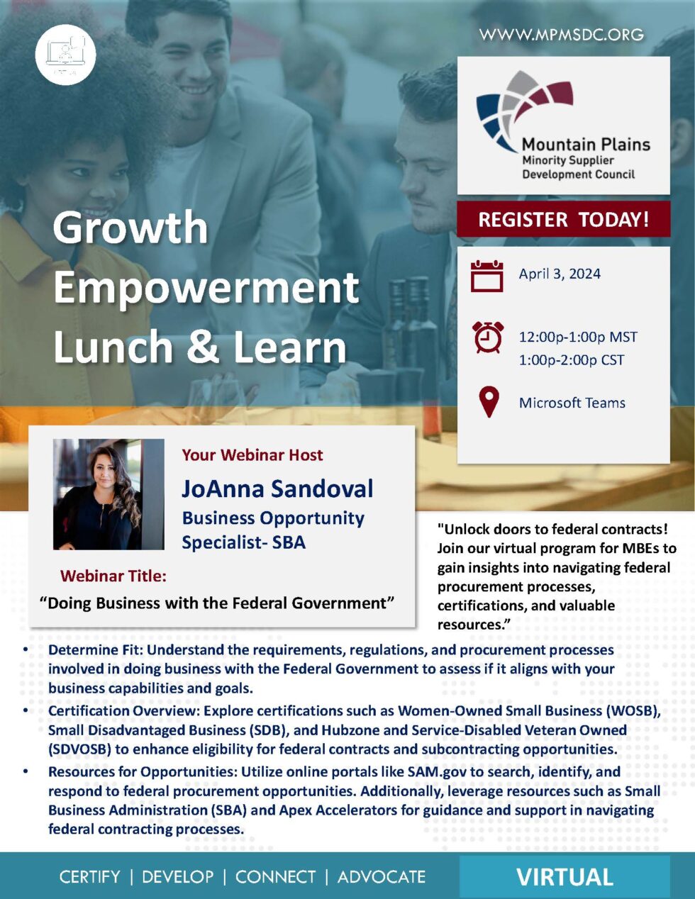 Virtual Growth Empowerment Lunch & Learn- April 3rd, 2024 | MPMSDC
